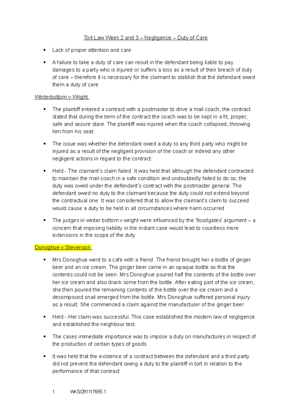 Tort Law Duty Of Care Tort Law Week 2 And 3 Negligence Duty Of