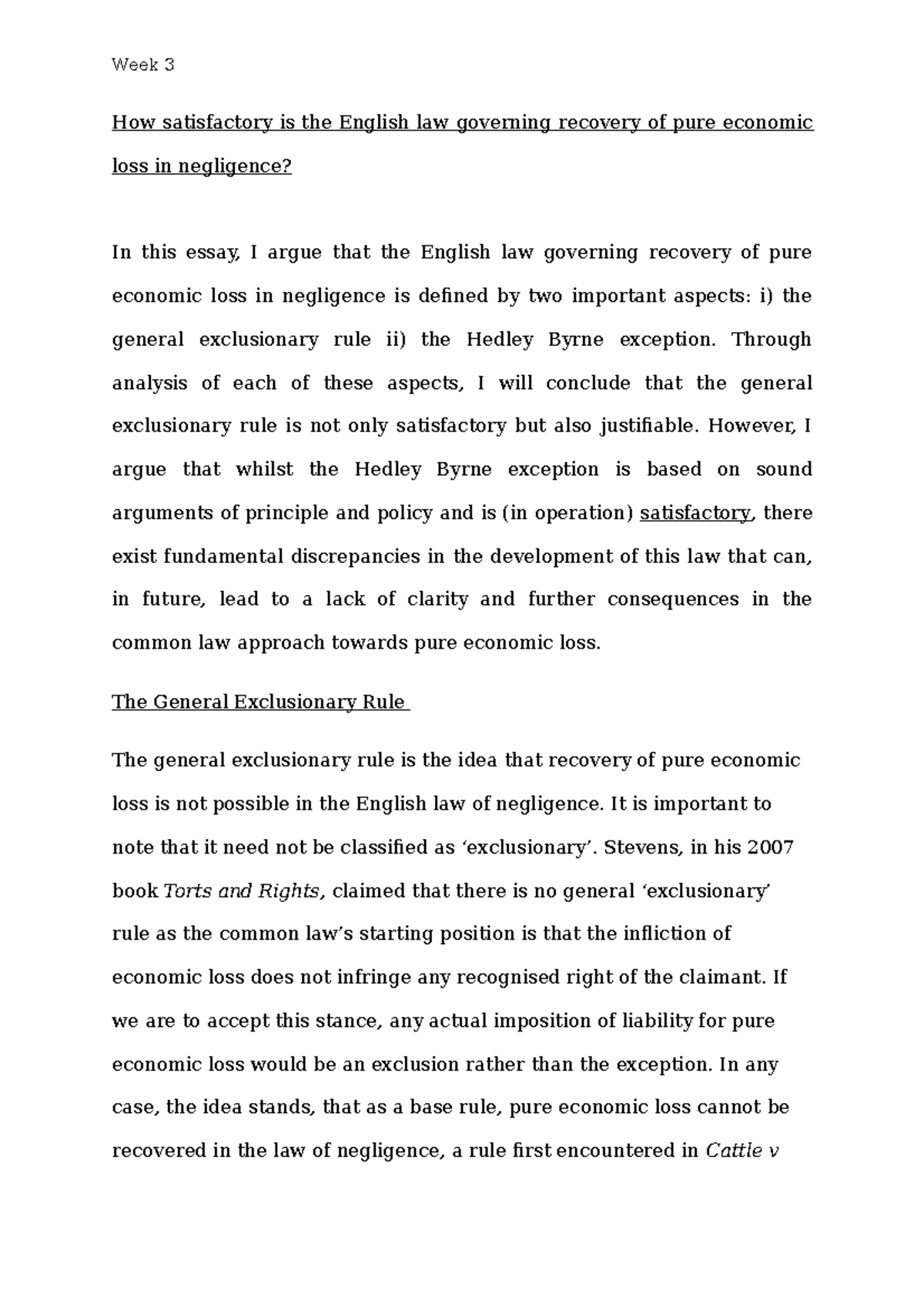 Tort Essay Economic Loss How Satisfactory Is The English Law