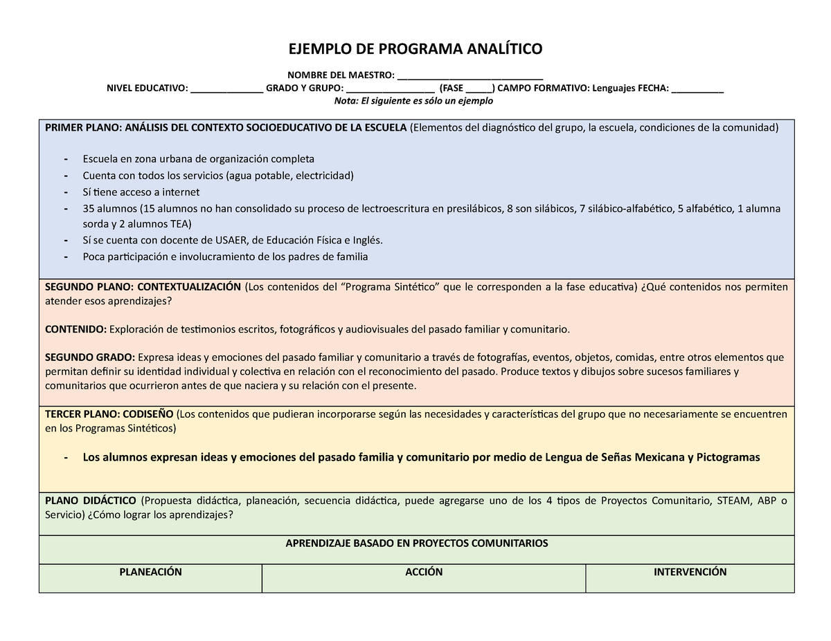 Ejemplo Programa Analítico Ejemplo De Programa AnalÍtico Nombre Del