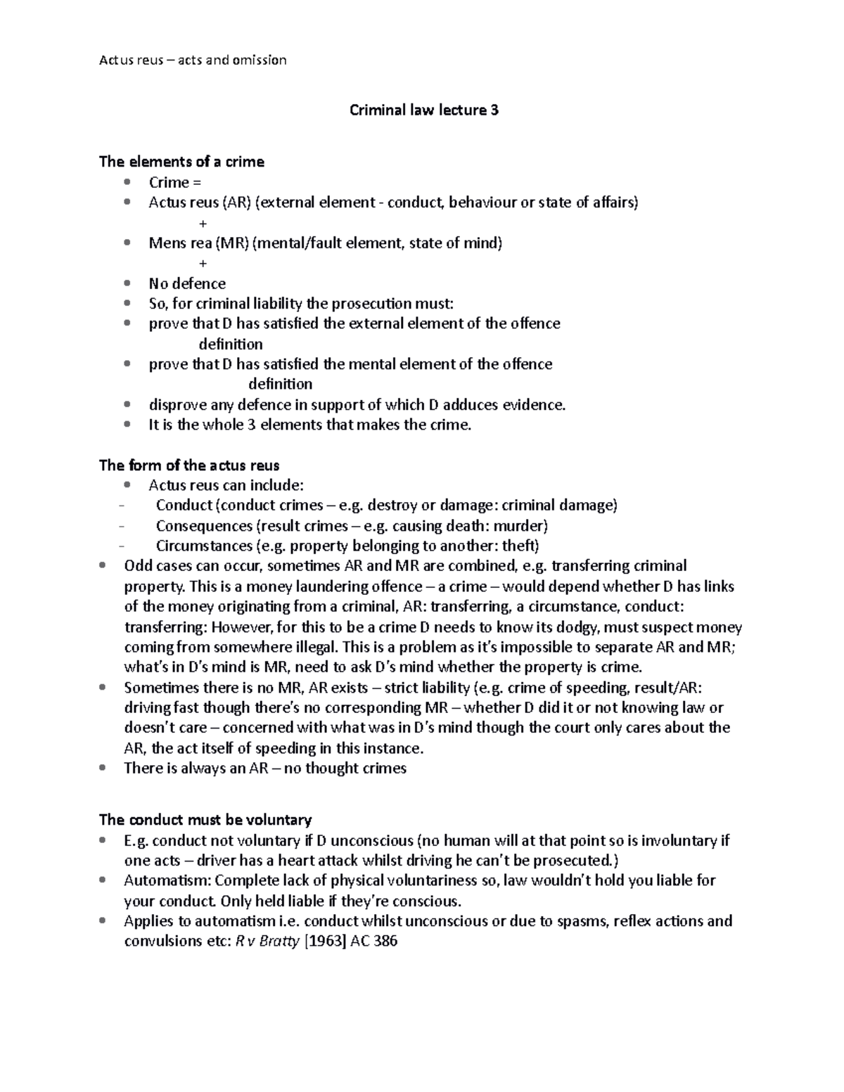 3 Ar Acts And Ommissions Criminal Law Lecture 3 The Elements Of A