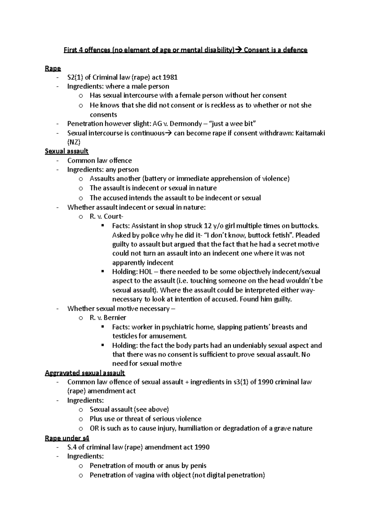 First 4 Sexual Offences Consent First 4 Offences No Element Of Age