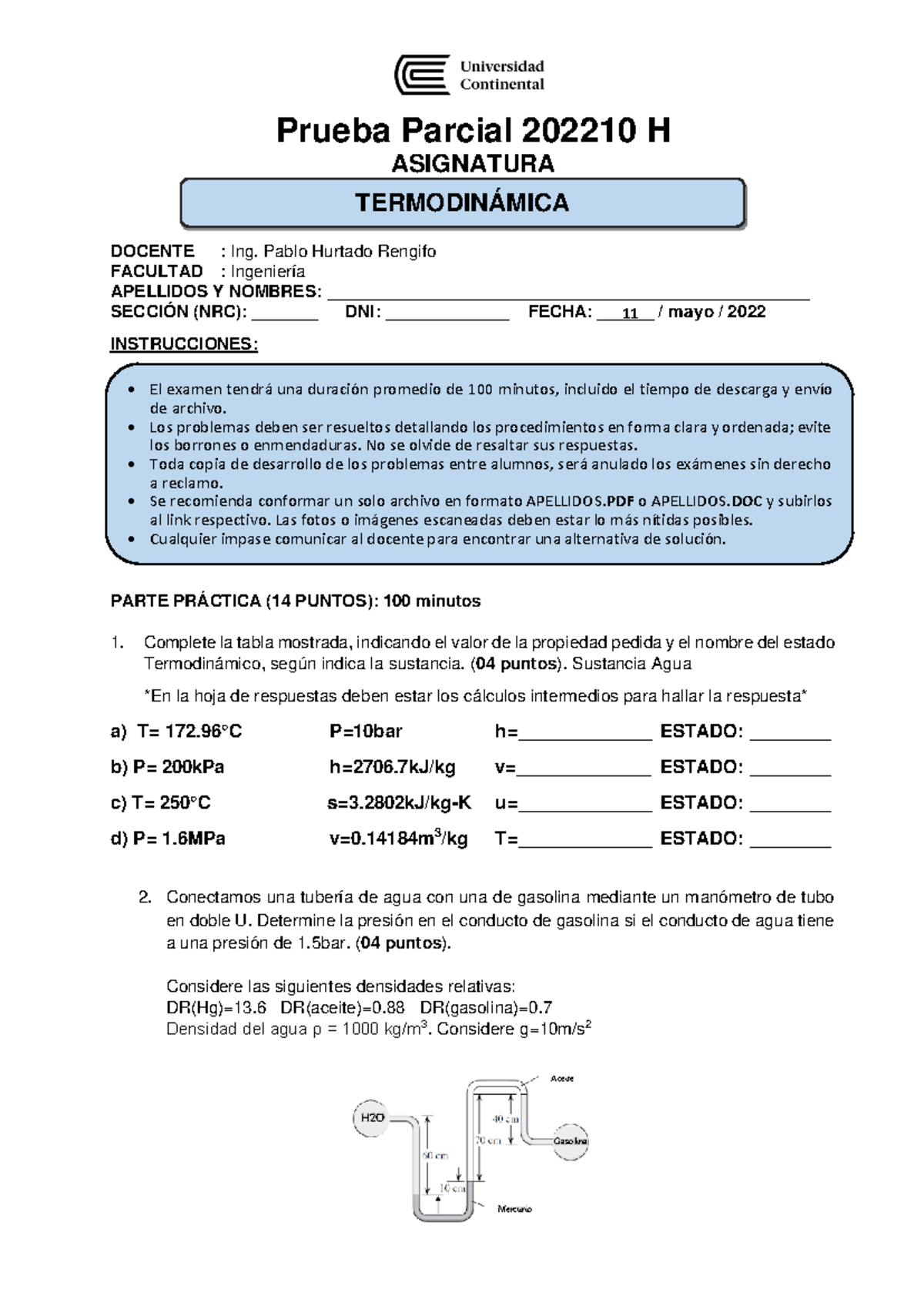 Prueba Parcial Termodinámica H 202210 Nrc 18823 Practica