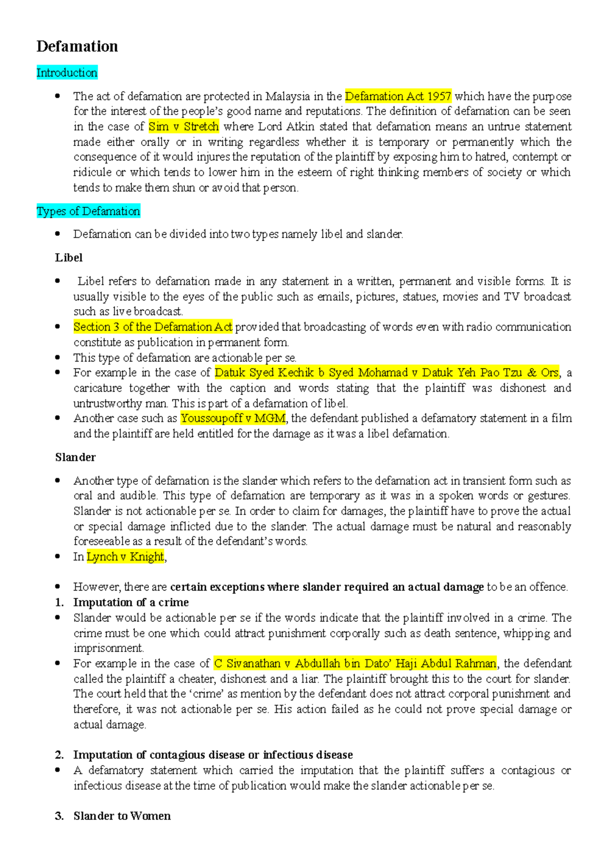 Defamation Law Of Tort 1 Notes Defamation Introduction The Act Of