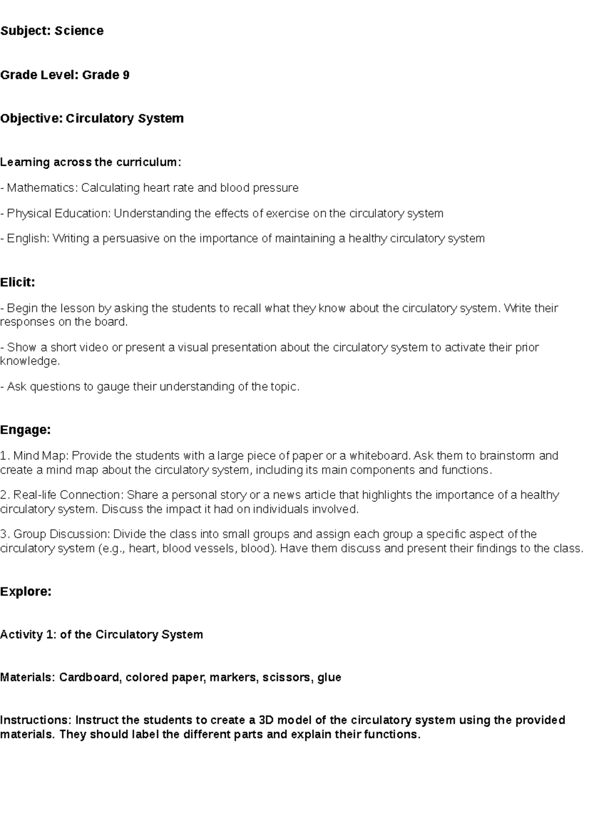 Lesson Plan Ai For Circulatory System Subject Science Grade Level