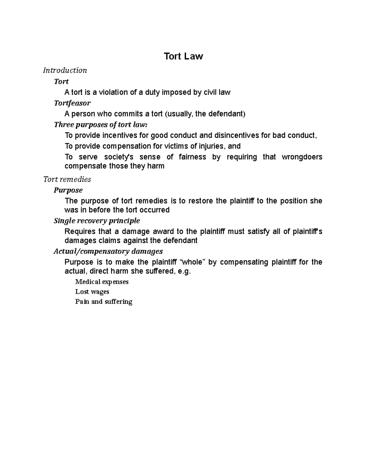 Tort Law Summary Introduction To Law Tort Law Introduction Tort A