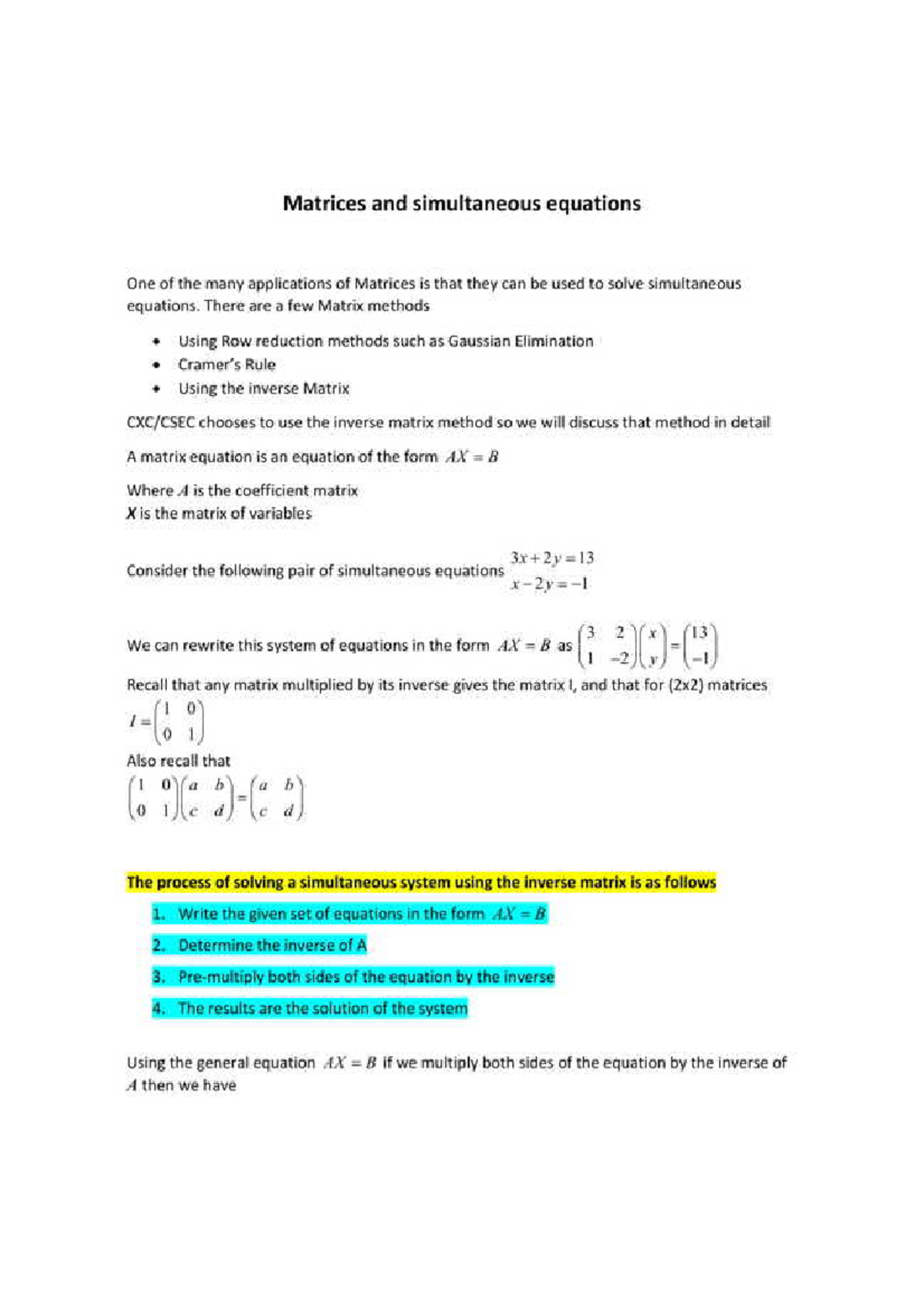 Matrices And Simultaneous Equations 1 Orig Mathematics Studocu