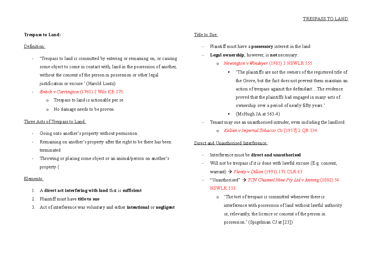 Tort Law Notes 02 Trespass To Land Trespass To Land Trespass To