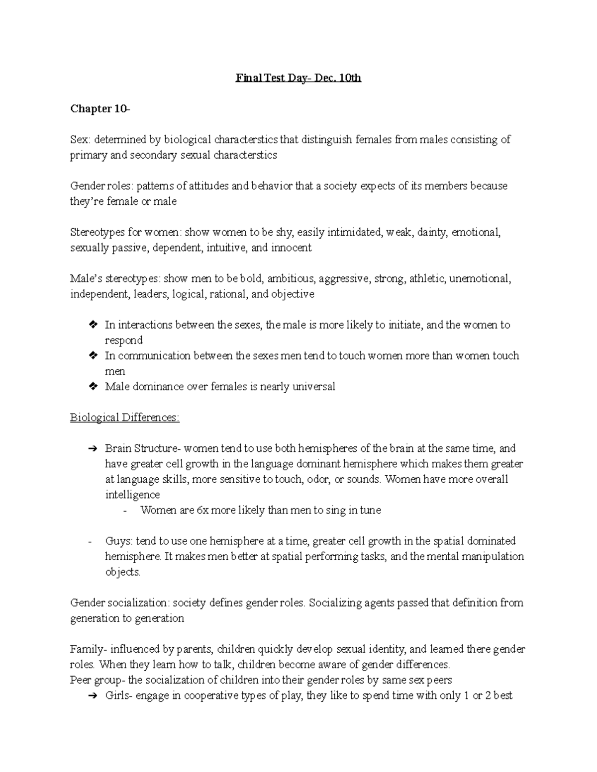 Final Exam Notes Final Test Day Dec 10th Chapter 10 Sex