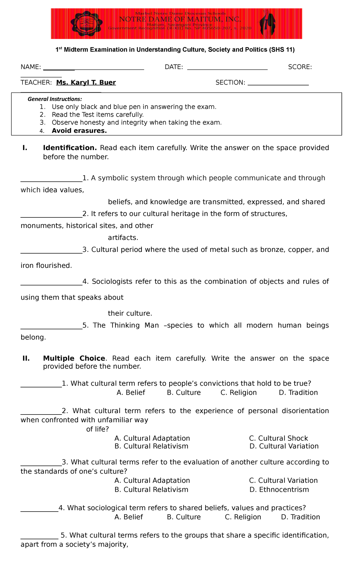 Ucsp Q1 Final Examination For Understanding Culture Society And