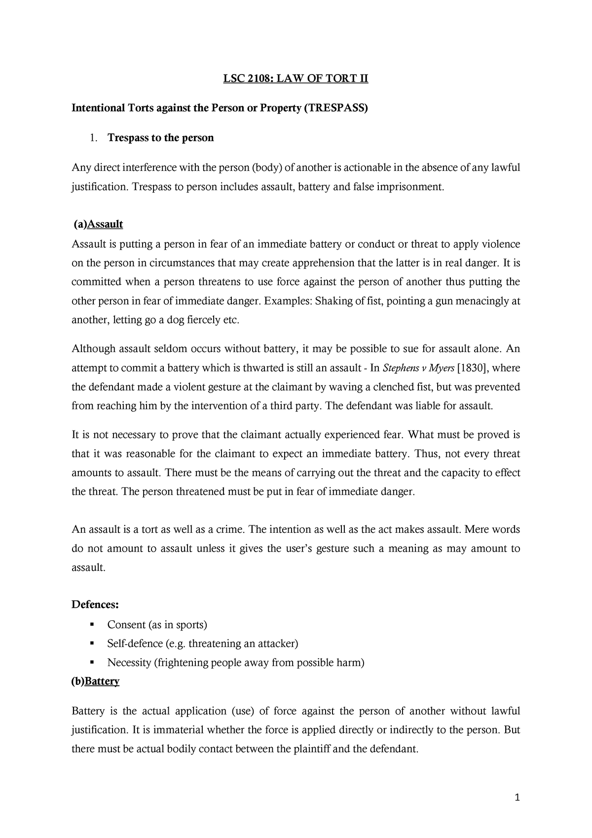 Lsc 2108 Trespass Lsc 2108 Law Of Tort Ii Intentional Torts