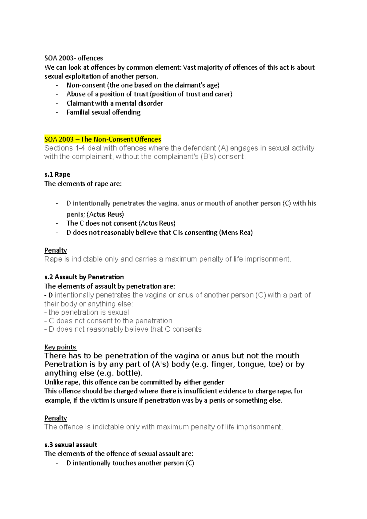 Sexual Offences Summary Of Lecture Notes Soa 2003 Offences We Can