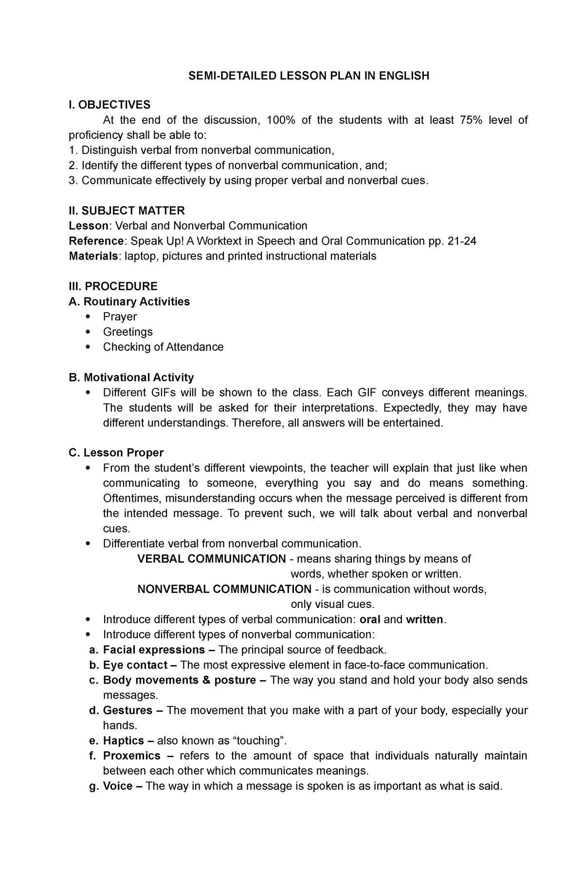 Semi Detailed Lesson Plan In English Verbal Semi Detailed Lesson Plan