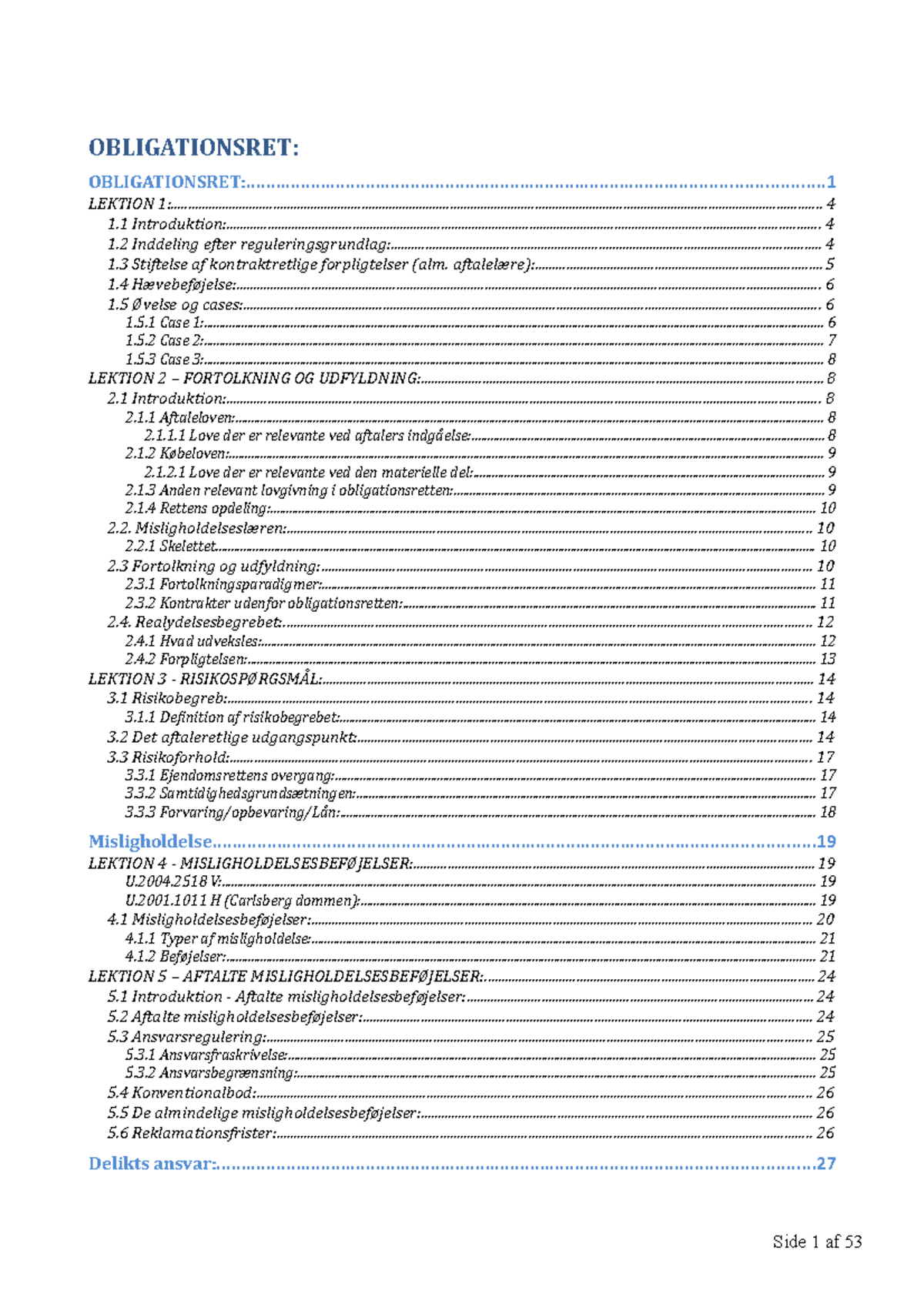 Videregående Obligationsret Lecture Notes Noter Lecture Notes