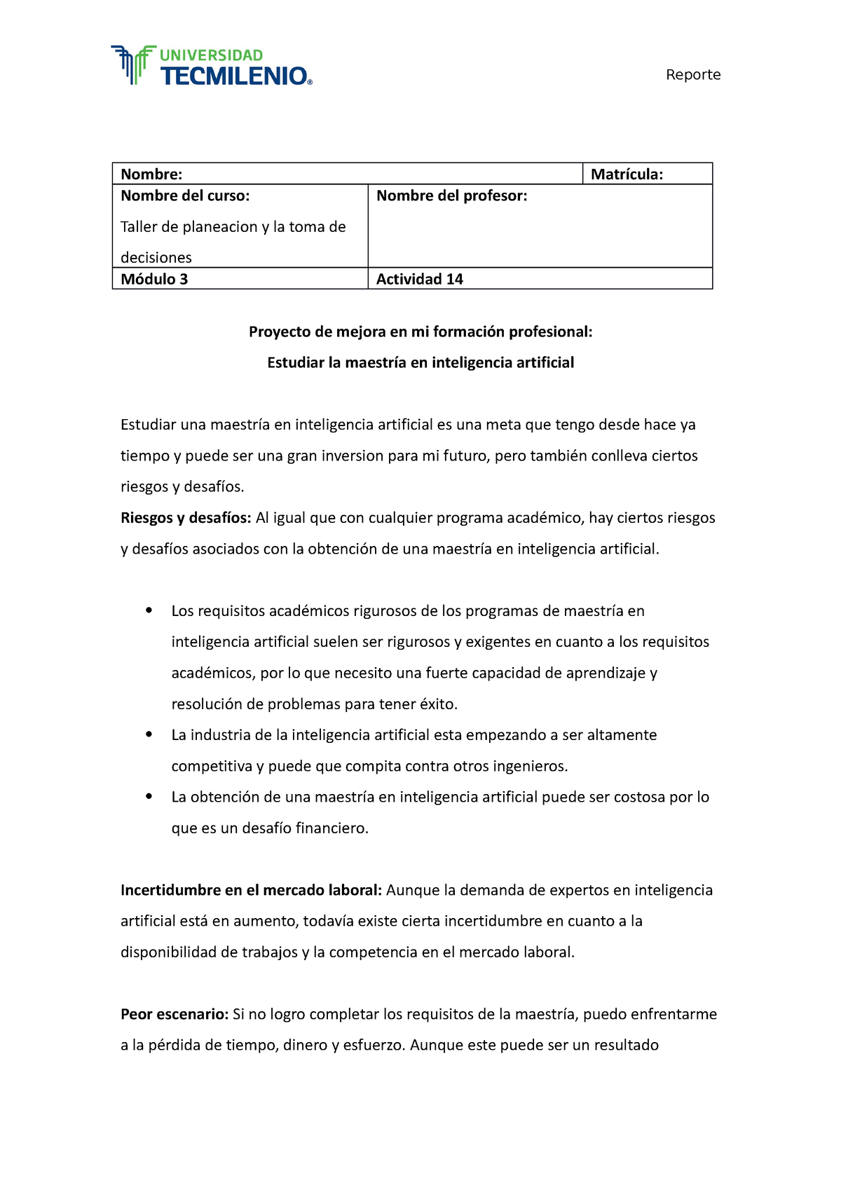 Actividad 14 Taller Reporte Nombre Matrícula Nombre Del Curso