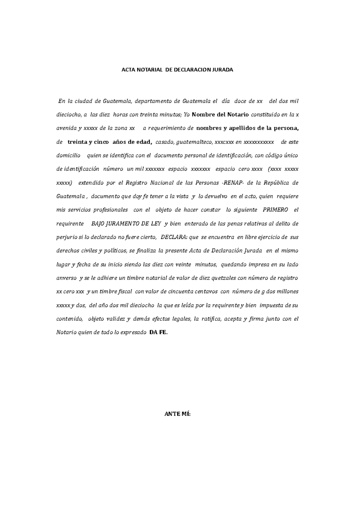 Modelo De Acta De Declaracion Acta Notarial De Declaracion Jurada En La