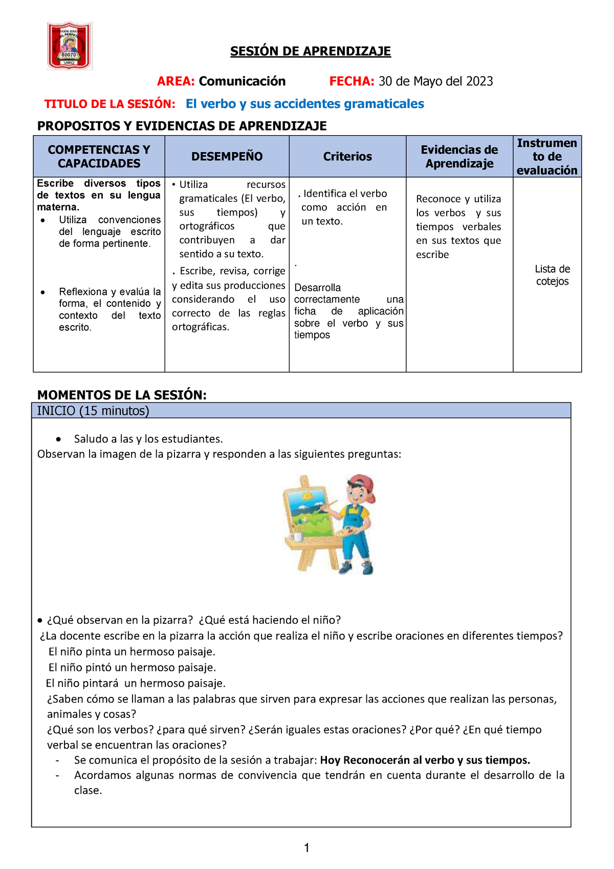 Sesión El Verbo Y Sus Tiempos SesiÓn De Aprendizaje Area