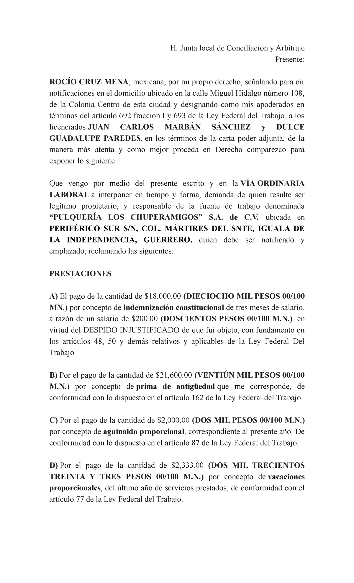 Demanda Por Despido Injustificado Poder H Junta Local De