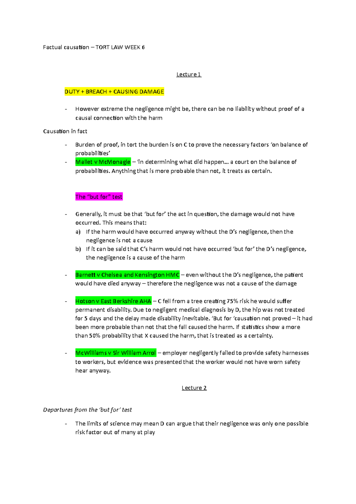 Factual Causation Tort Lecuture Factual Causation Tort Law Week 6