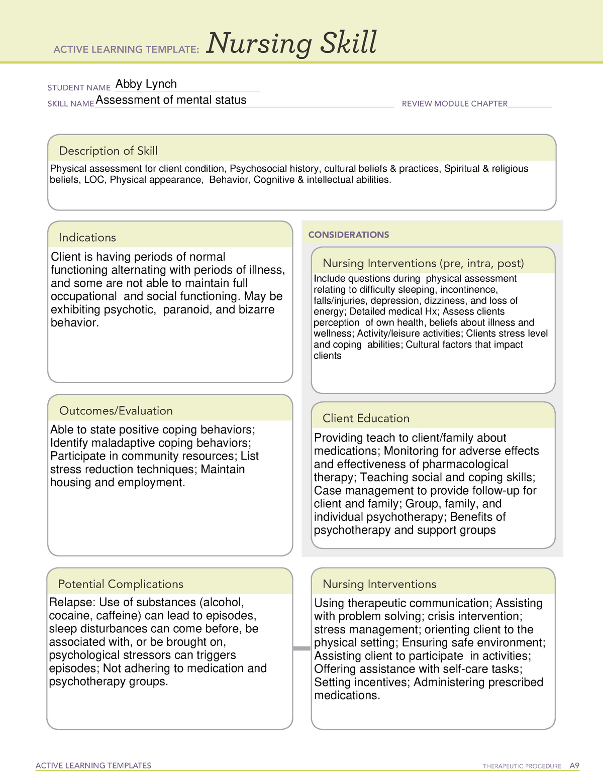 Active Learning Template Nursing Skill Assessment Of Mental Status