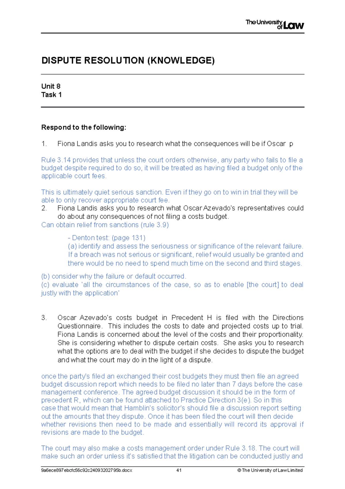 Workshop 8 Task 1 Dispute Resolution Knowledge Unit 8 Task 1