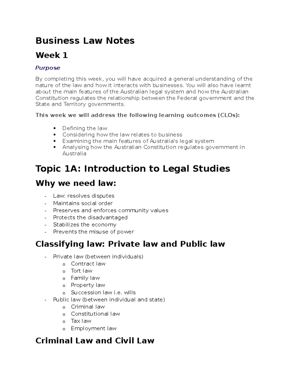 Business Law Notes Business Law Notes Week 1 Purpose By Completing