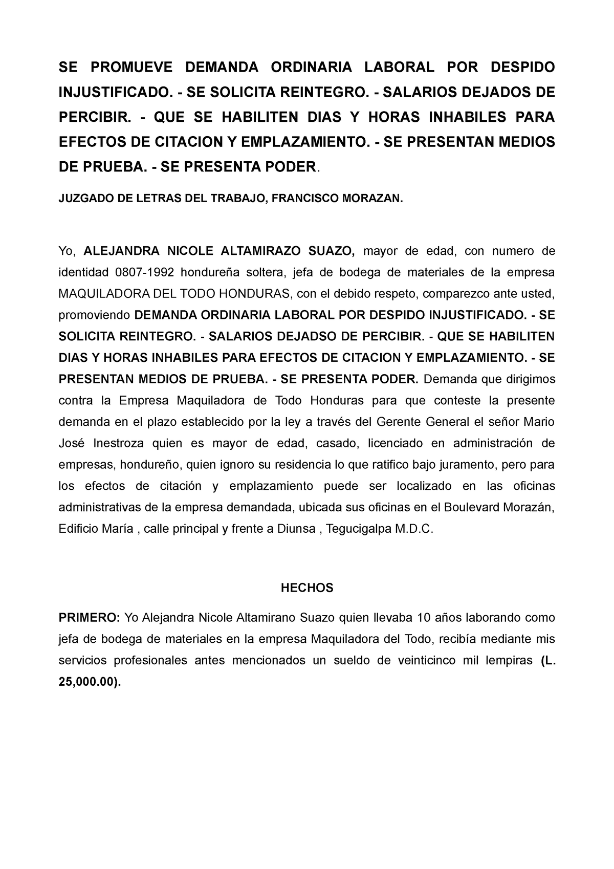 Demanda Despido Injusti Se Promueve Demanda Ordinaria Laboral Por