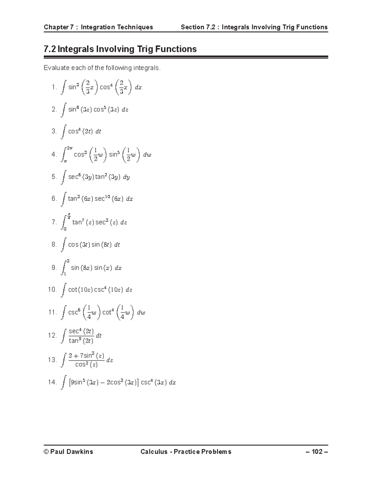 Trigonometric Integrals And Trig Substitution Chapter 7 Integration