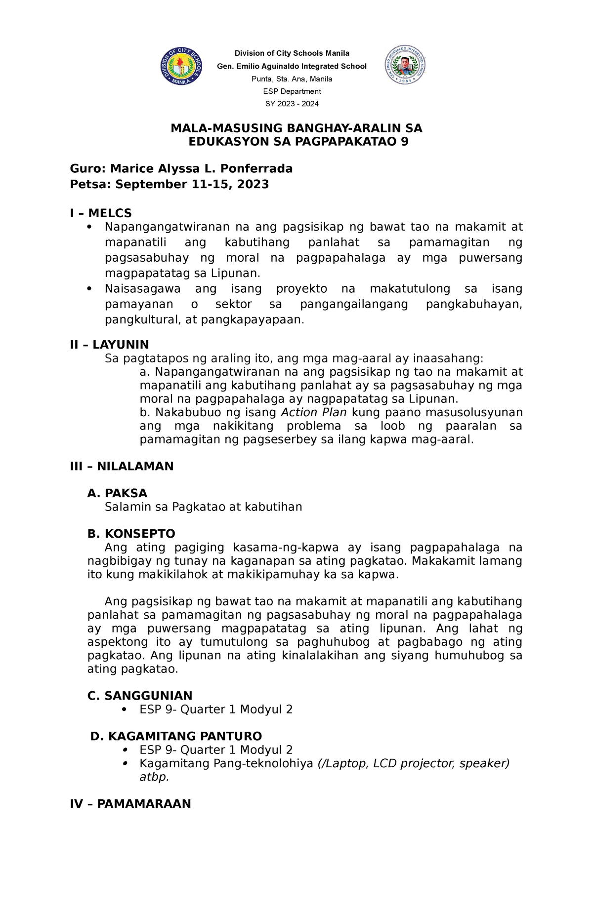 Esp 9 Modyul 2 Lesson Plan Mala Masusing Banghay Aralin Sa Edukasyon