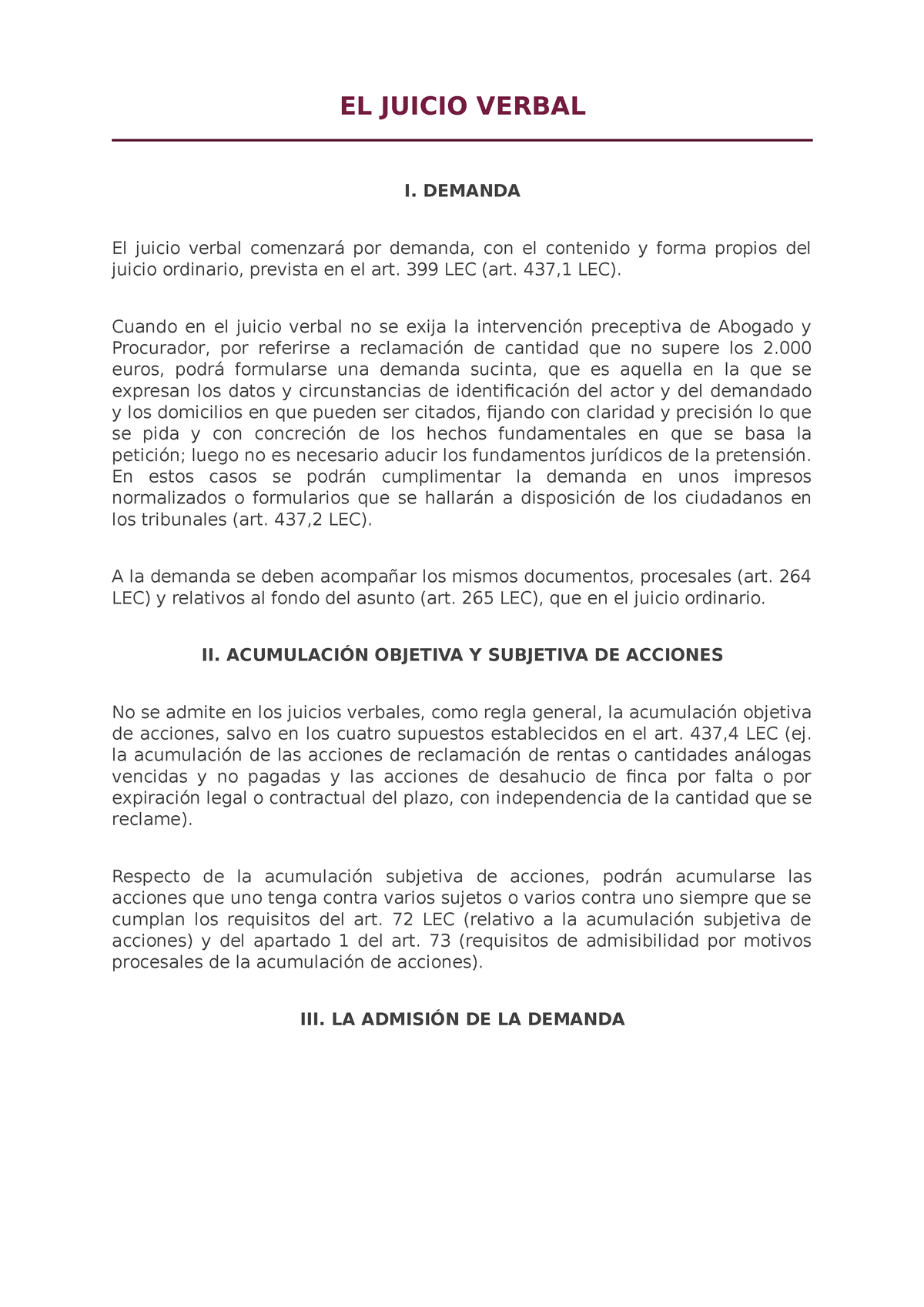 1 El Juicio Verbal En Derecho Procesal El Juicio Verbal I Demanda