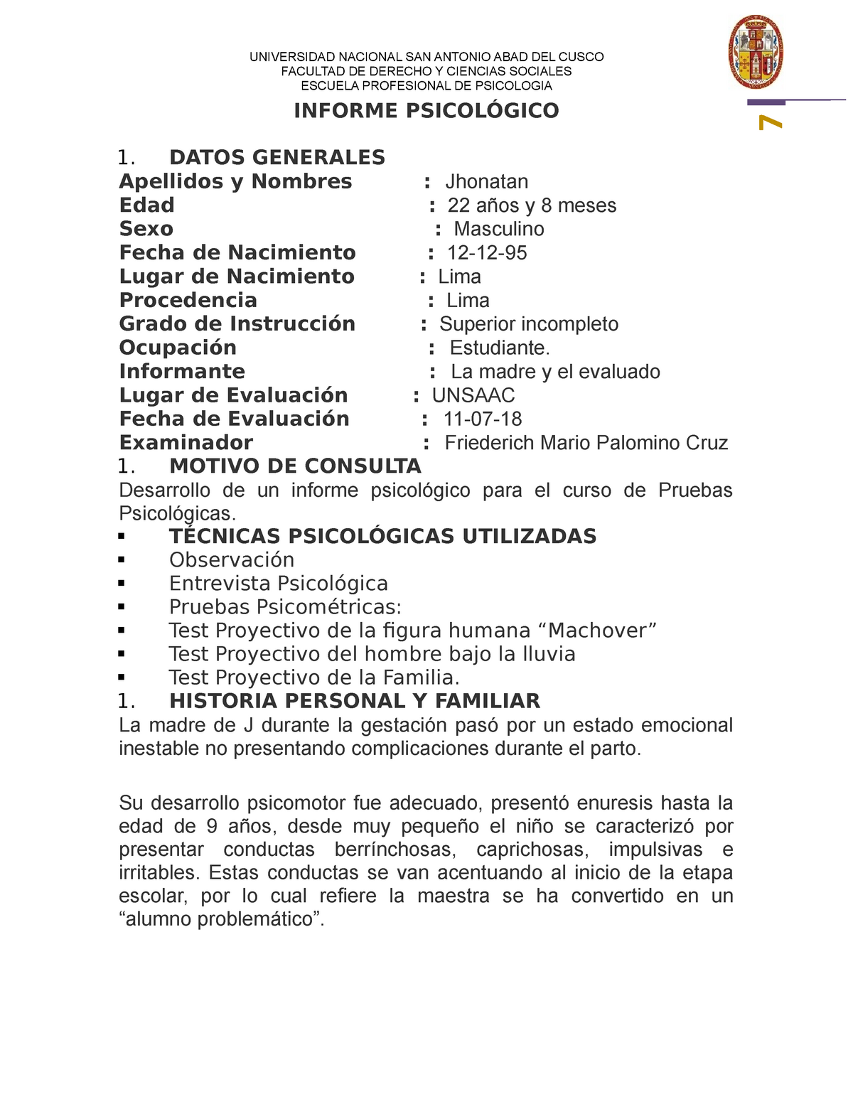 Ejemplo De Un Informe Psicologico De Un Adulto Compar