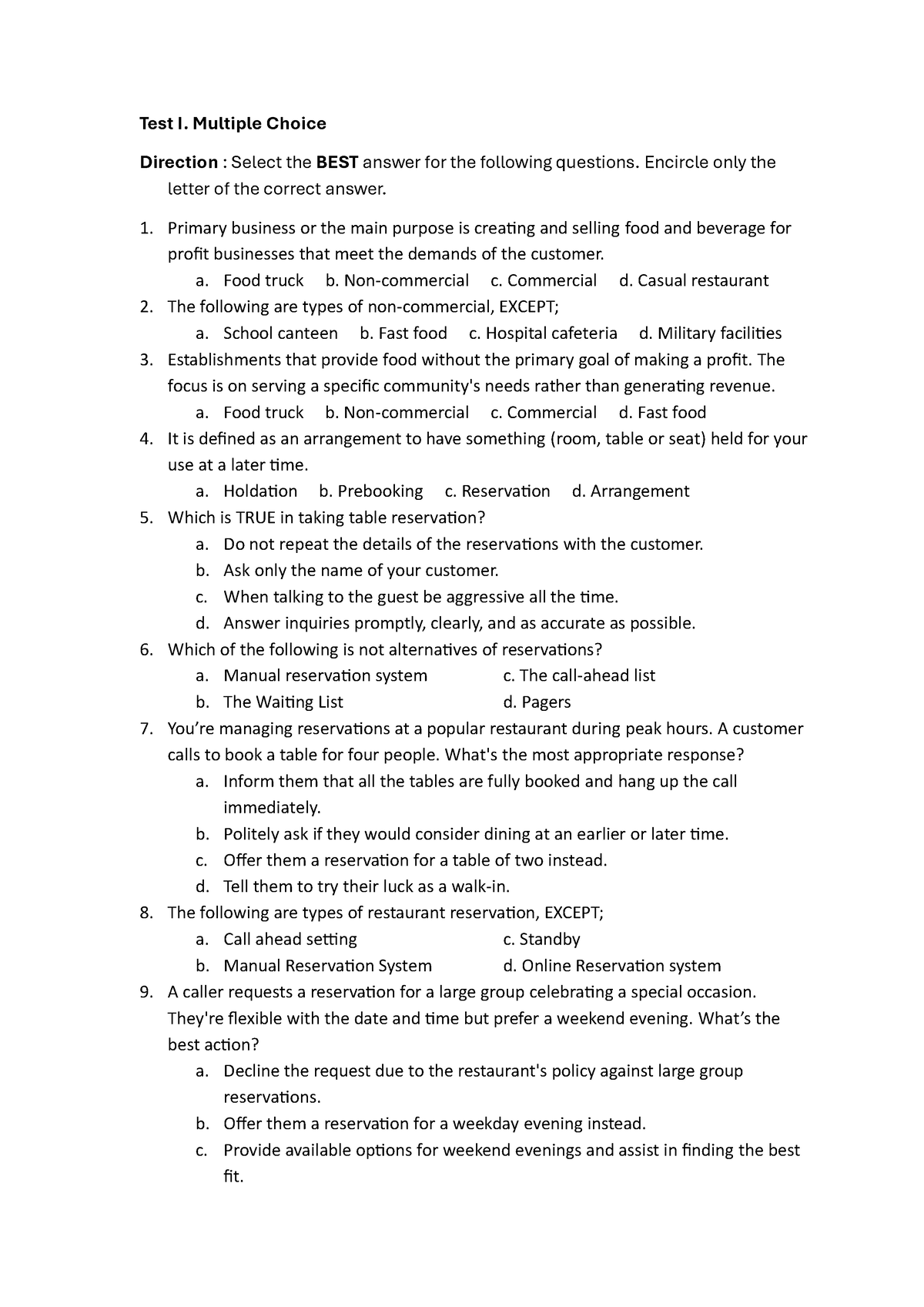 Fbs Summative Test Test I Multiple Choice Direction Select The