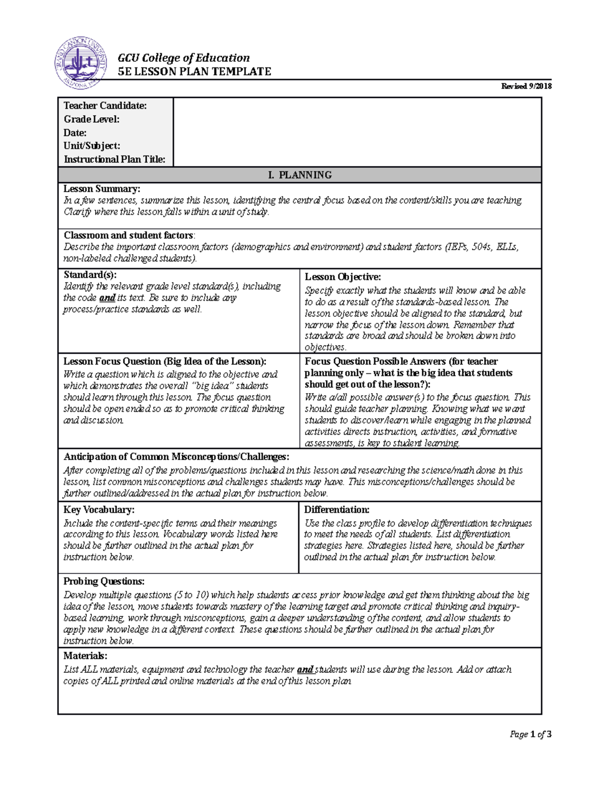 5e Lesson Plan Template Gcu College Of Education 5e Lesson Plan