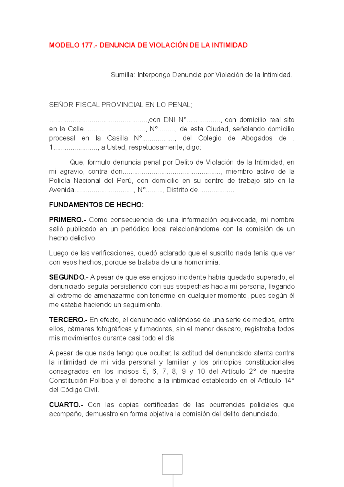 Modelo 177 Denuncia De Violación De La Intimidad Modelo 177