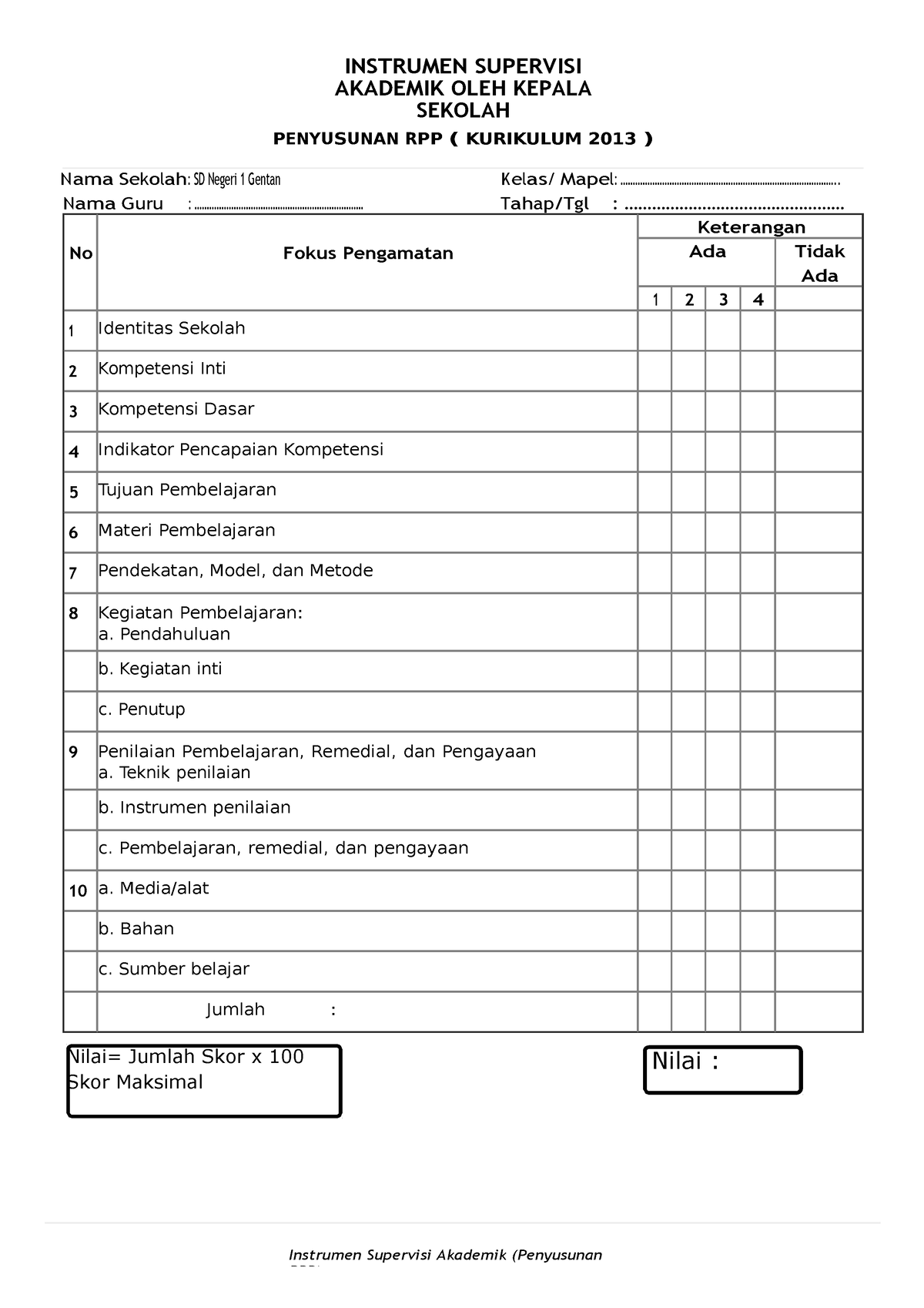 Form 2 Supervisi Rpp Nilai Jumlah Skor X 100 Skor Maksimal Nilai