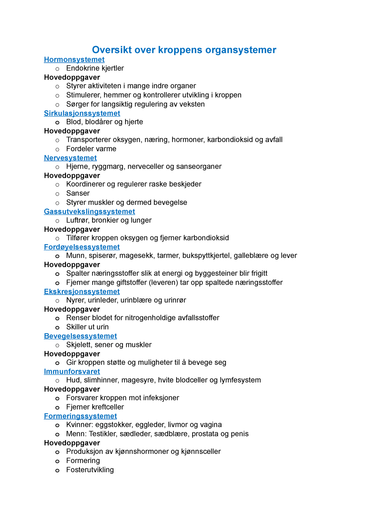 4 Oversikt Over Kroppens Organsystemer Oversikt Over Kroppens