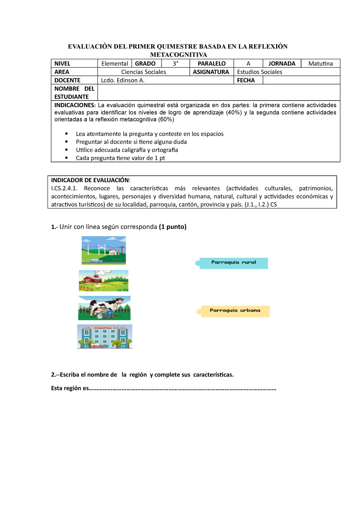 3° Egb Tercero Ess EvaluaciÒn Del Primer Quimestre Basada En La