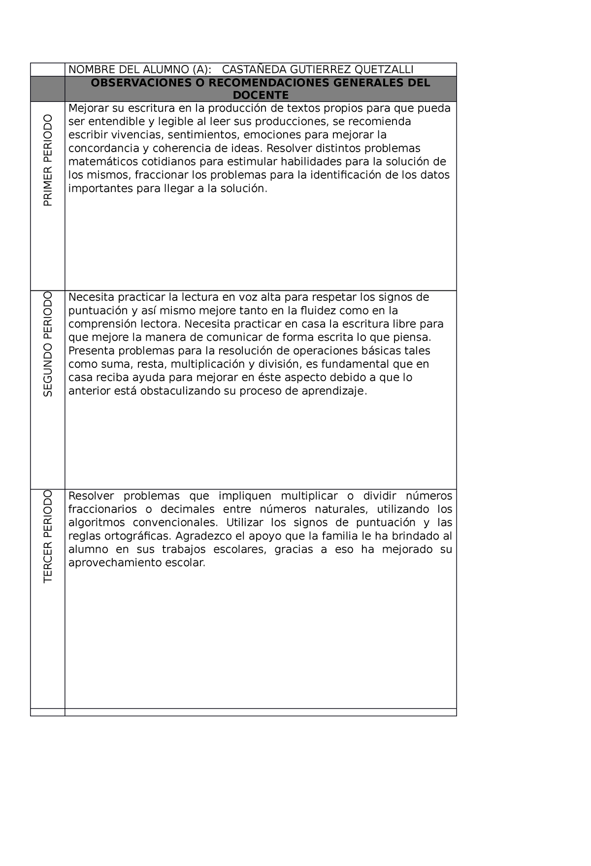 3b Observaciones Para Reportes De Evaluación Nombre Del Alumno A