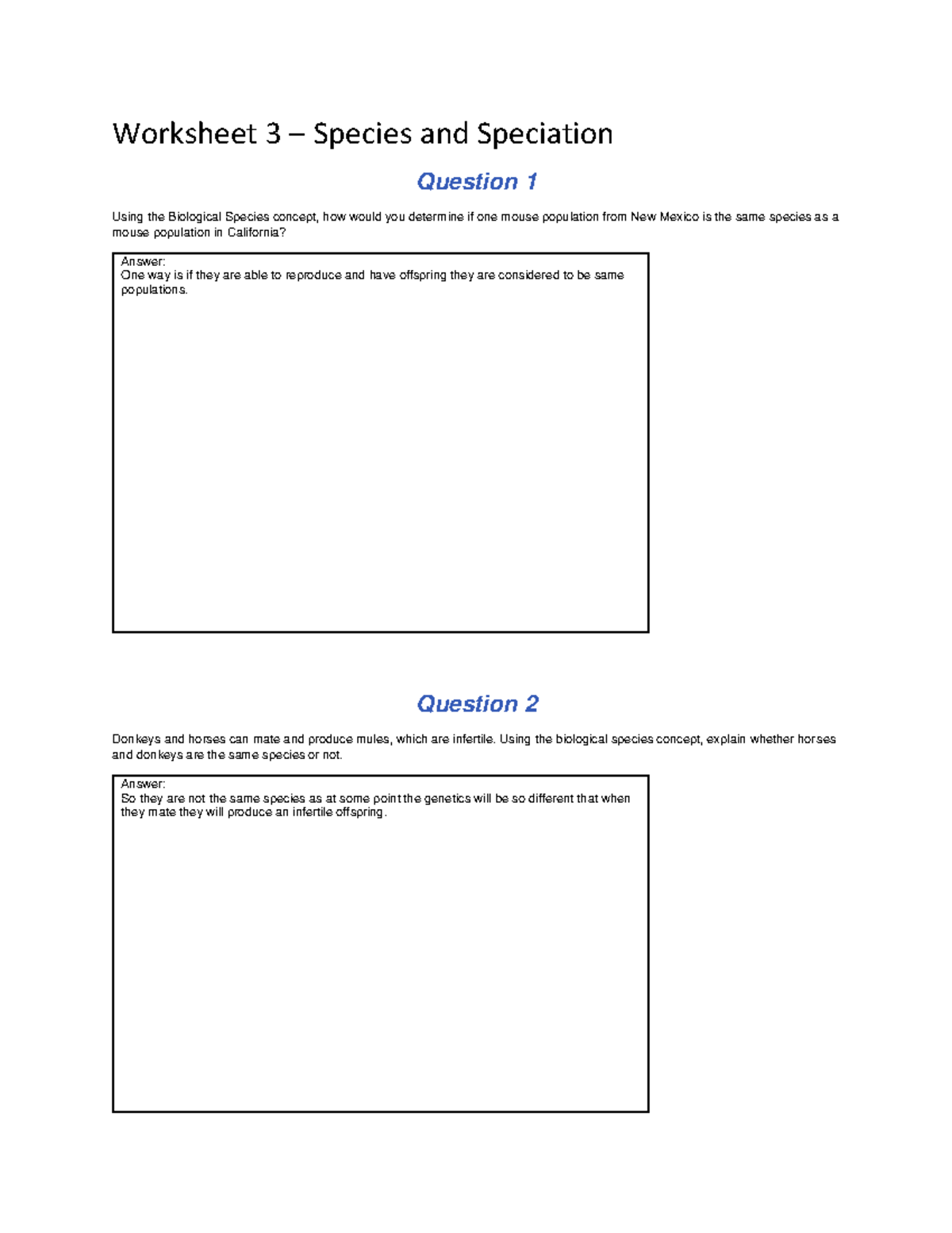 Worksheet 3 Assignment On Species And Speciation Warning Tt