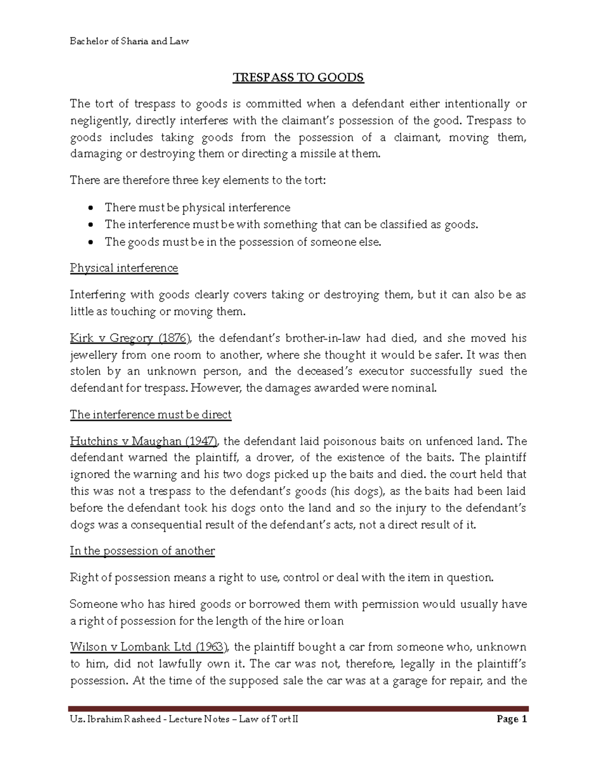 12 Trespass To Goods Lecture Notes Of Tort Law Ii Trespass To