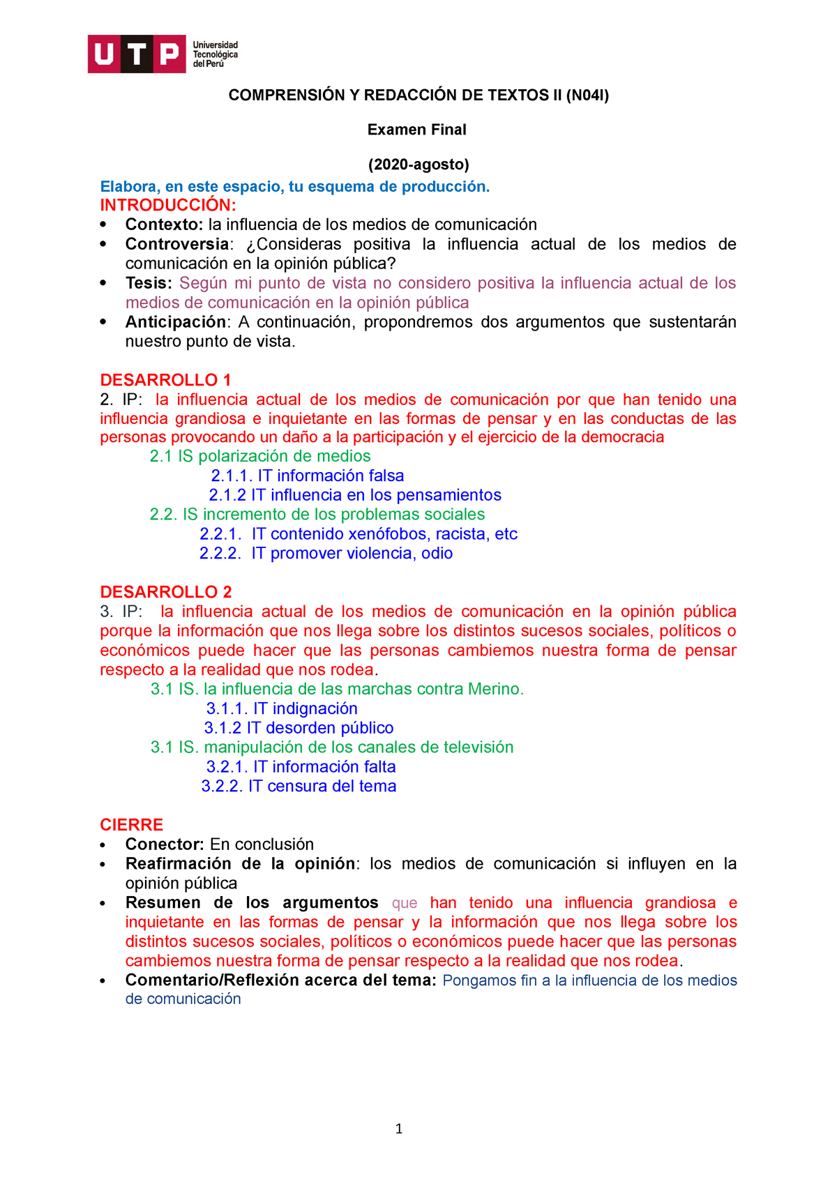 Comprensión Y Redacción De Textos 2 Examen Final Formato Utp