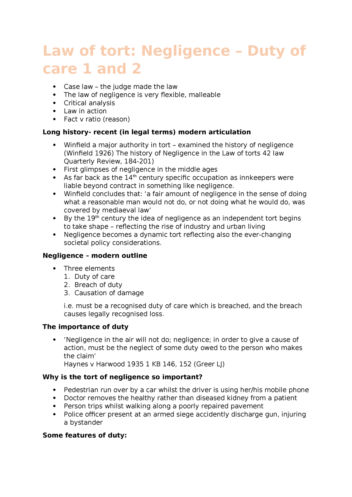 Duty Of Care 1and2 10 12 Lecture Notes On Duty Of Care Law Of Tort