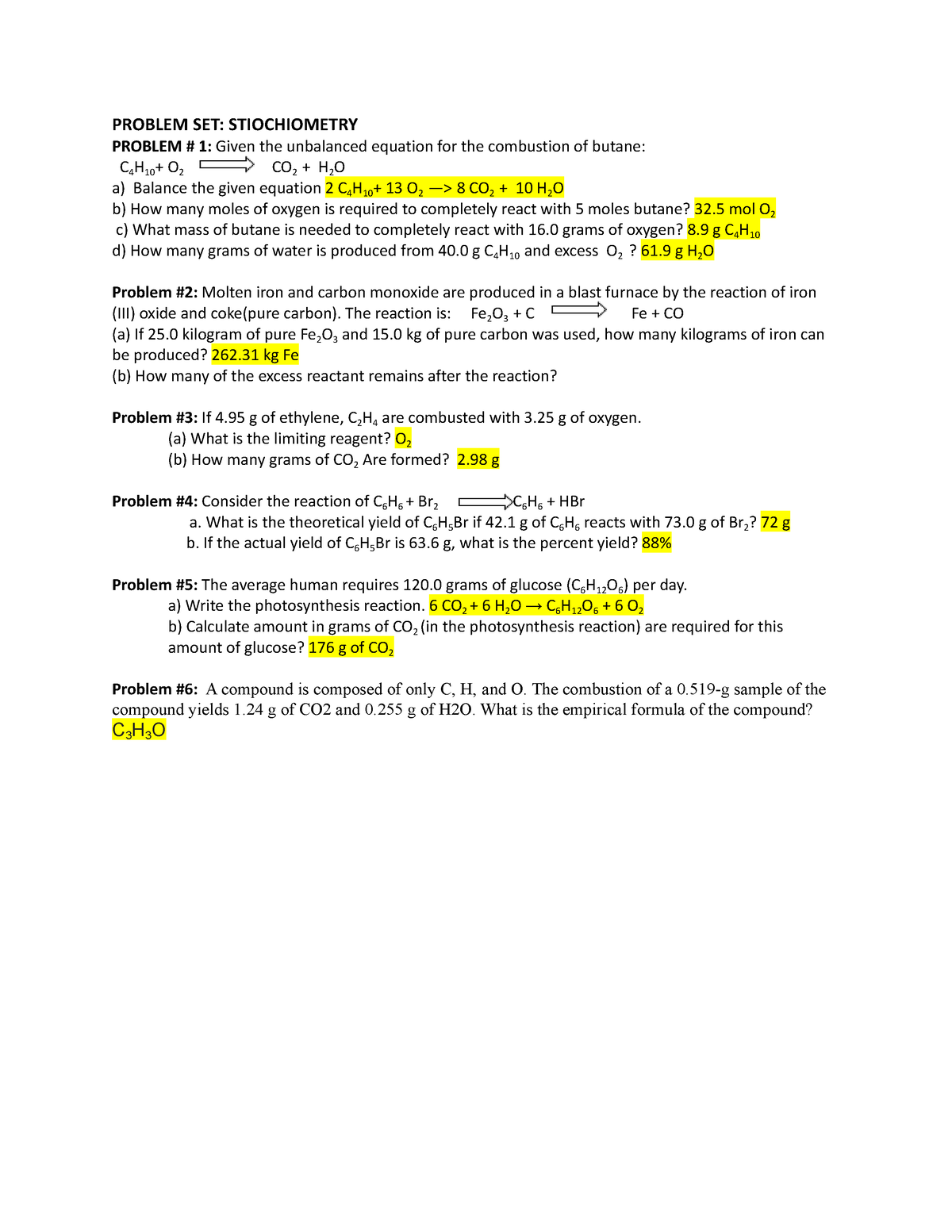 Assessment On Balancing Chemical Equations And Stoichiometry Problem