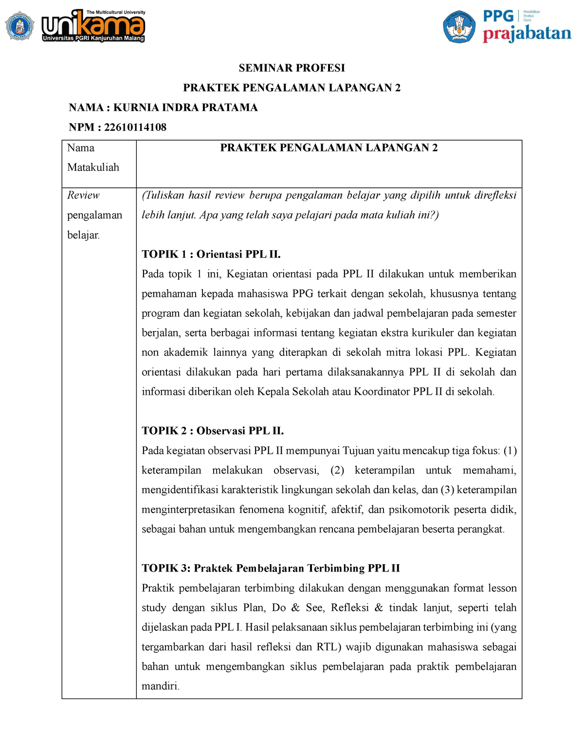 Jurnal Refleksi Kurnia Indra Pratama Ppl 2 Seminar Profesi Praktek