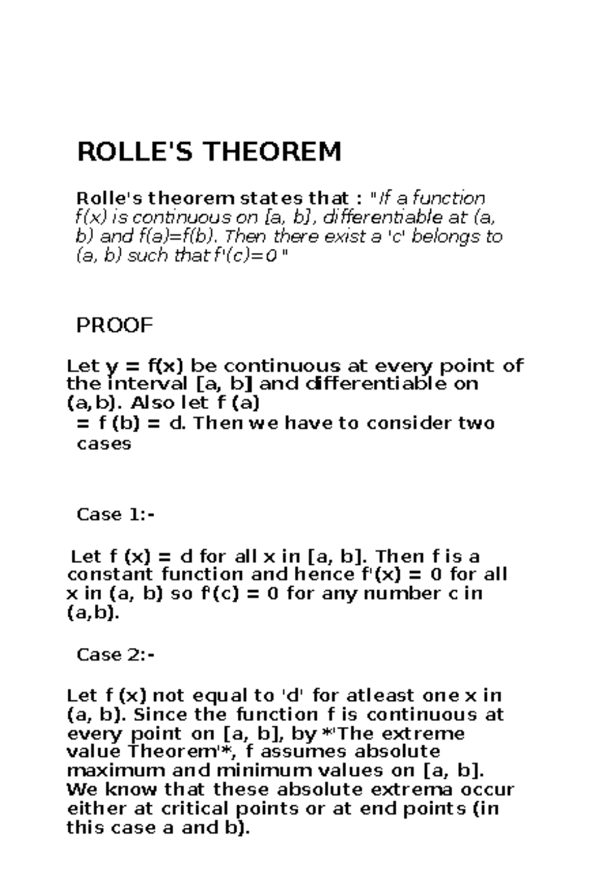 Rolles Theorem Rolles Theorem Rolles Theorem States That If A