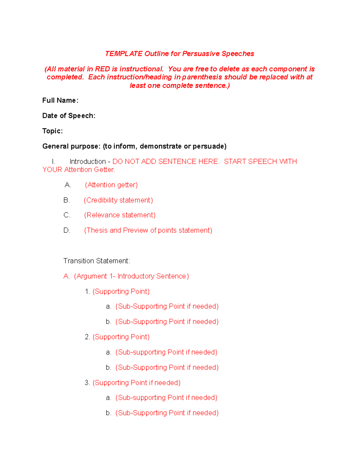 Persuasive Speech Template Outline Template Outline For Persuasive