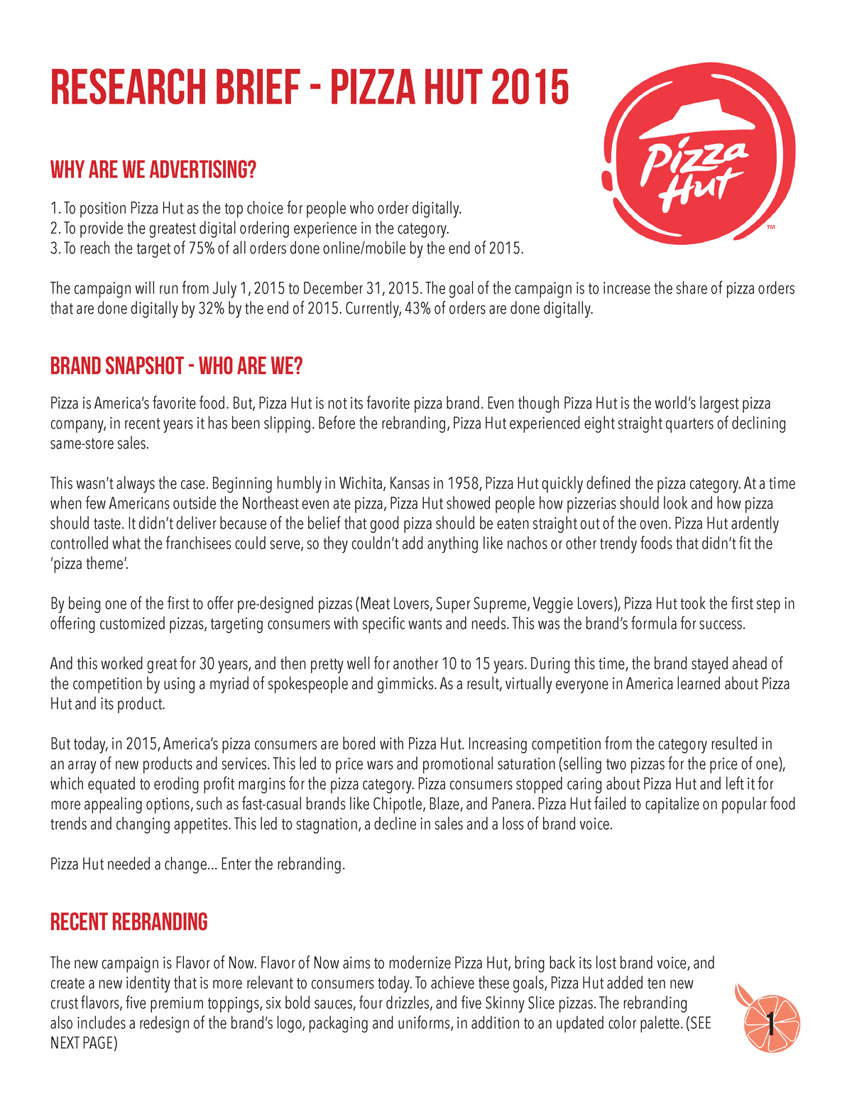 Research Brief Sample Pizza Hut Research Brief Pizza Hut 2015 Why