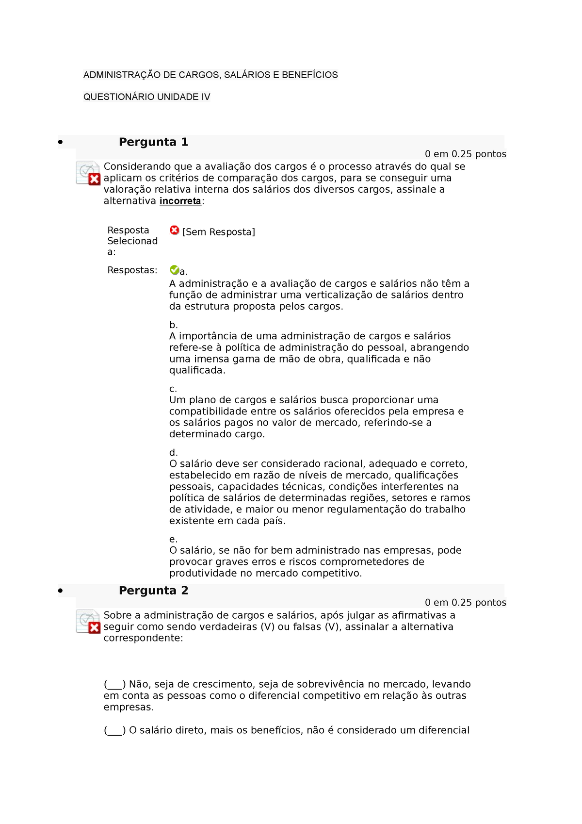 Administração De Cargos Questionario Iv AdministraÇÃo De Cargos