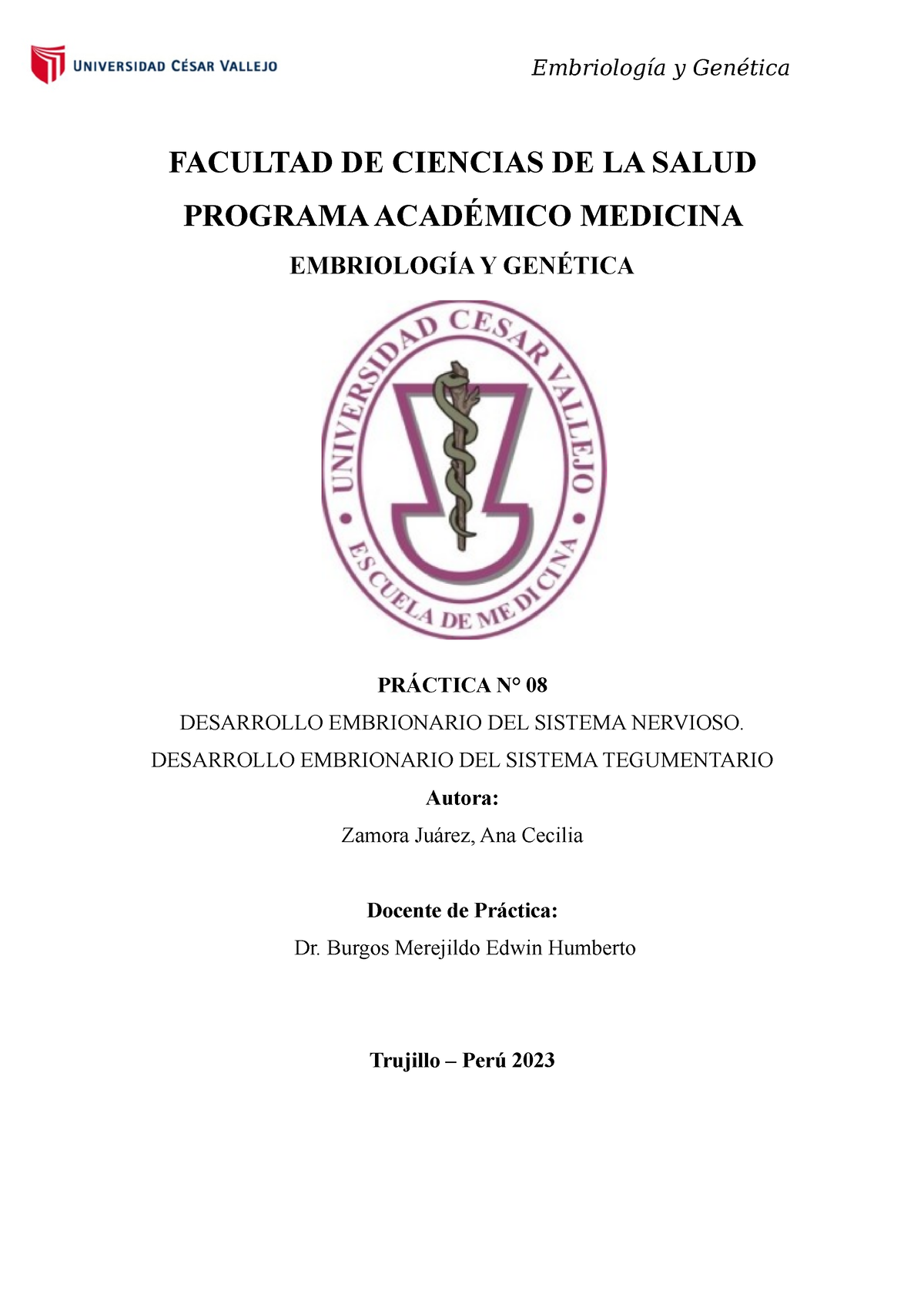 GuÍa De Práctica 08 Embriología Facultad De Ciencias De La Salud