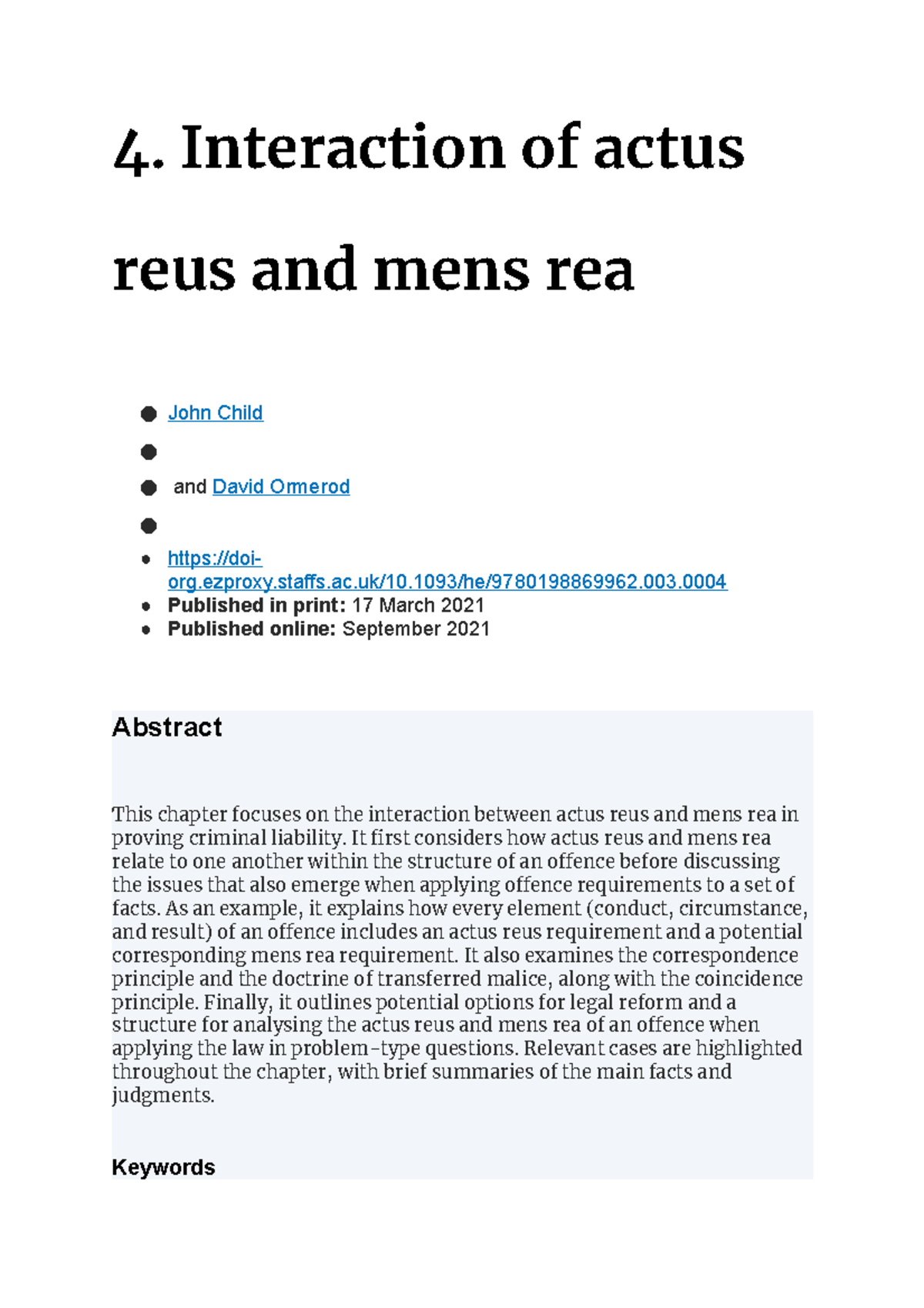 Interaction Of Actus Reus And Mens Rea 4 Interaction Of Actus Reus