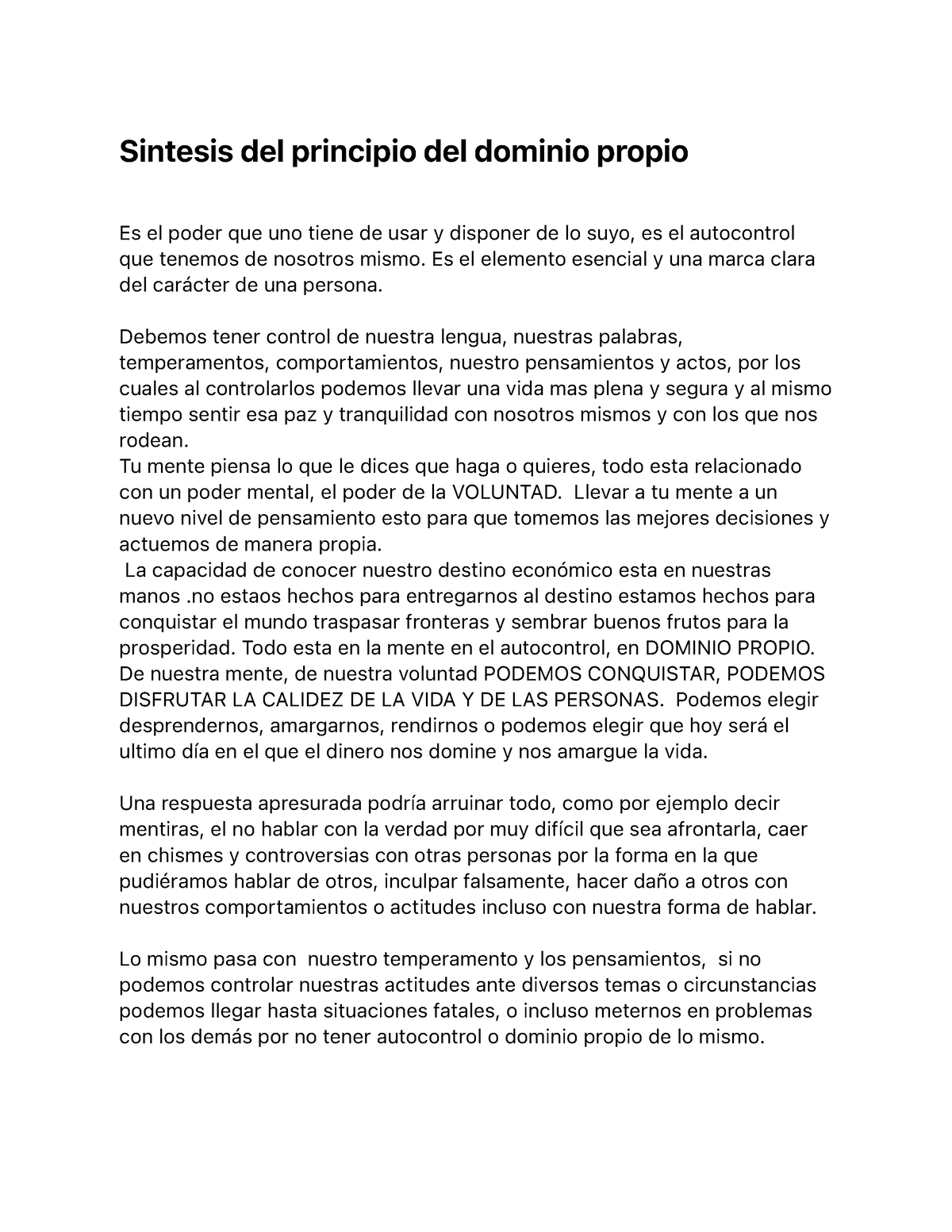 Sintesis Del Principio Del Dominio Propio Es El Elemento Esencial Y